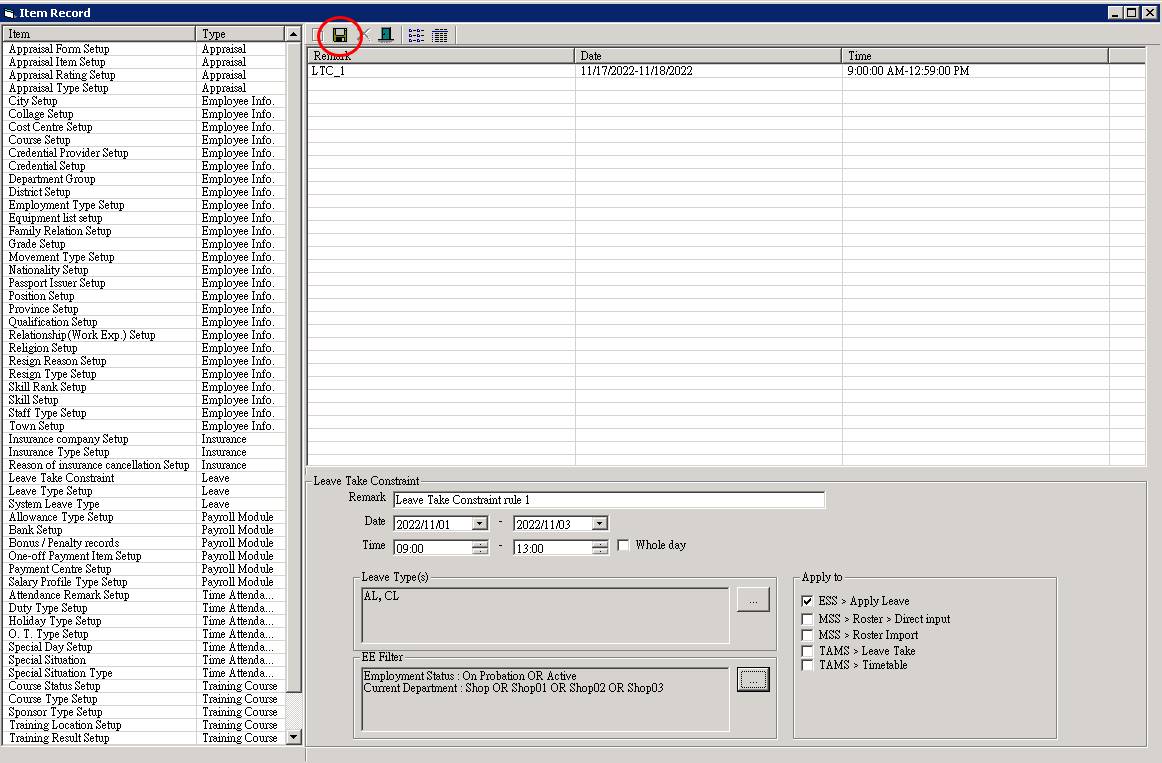 6 TheLeave Take Constraint is now showing in the table and effective immediately.