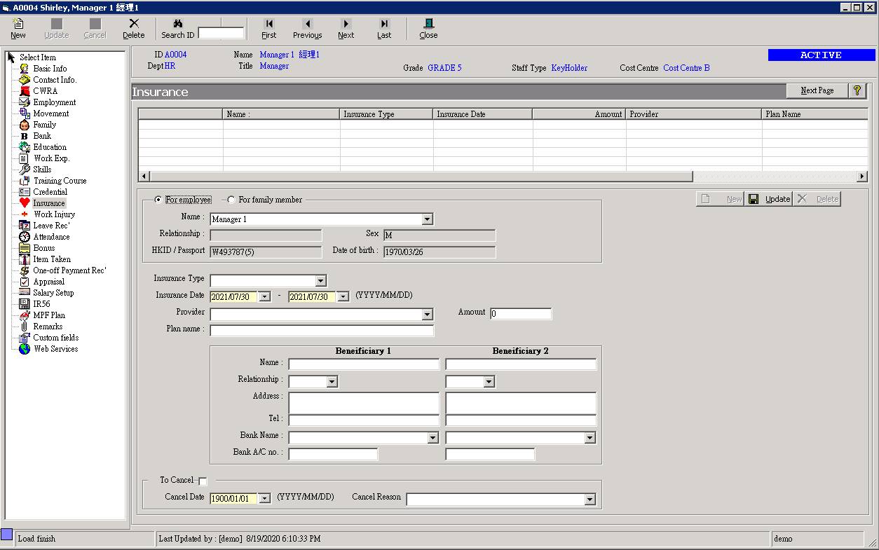 1. In “ Employee Record ” page, click “ Insurance ”in the menu on the ...
